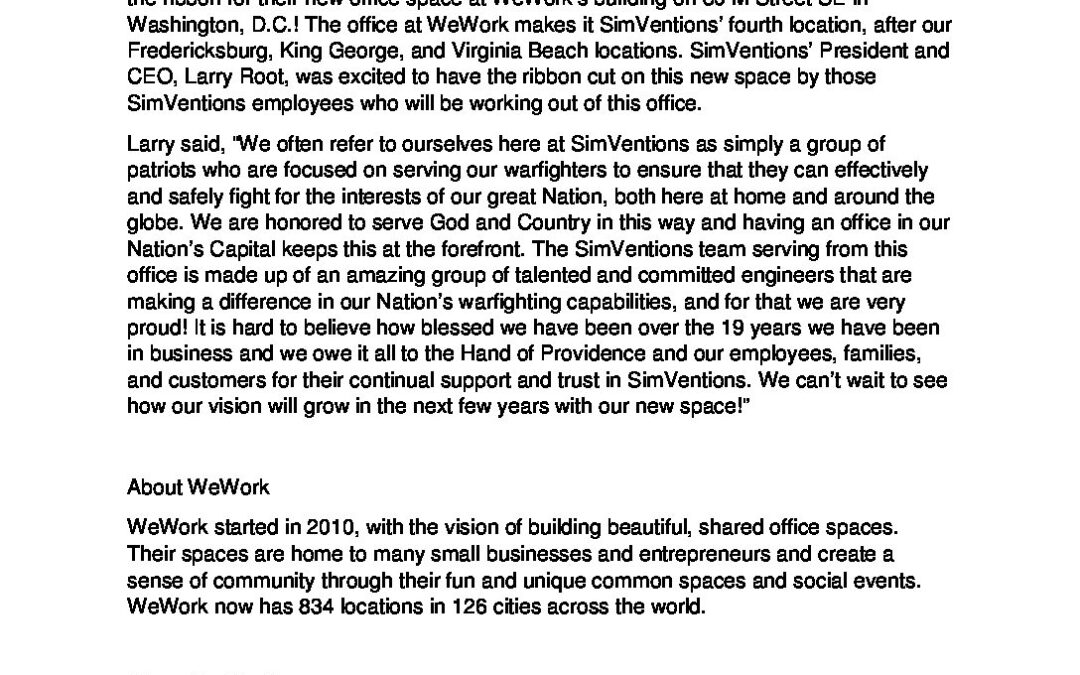 SimVentions - WeWork Office Ribbon Cutting PR - 20190924 - Go Stafford ...